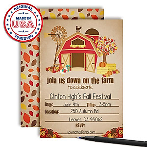 Rustic Old Fashioned Barn Fall & Autumn Barnyard Farm Birthday Party Invitations, 20 5x7 Fill In Cards with Twenty White Envelopes by AmandaCreation