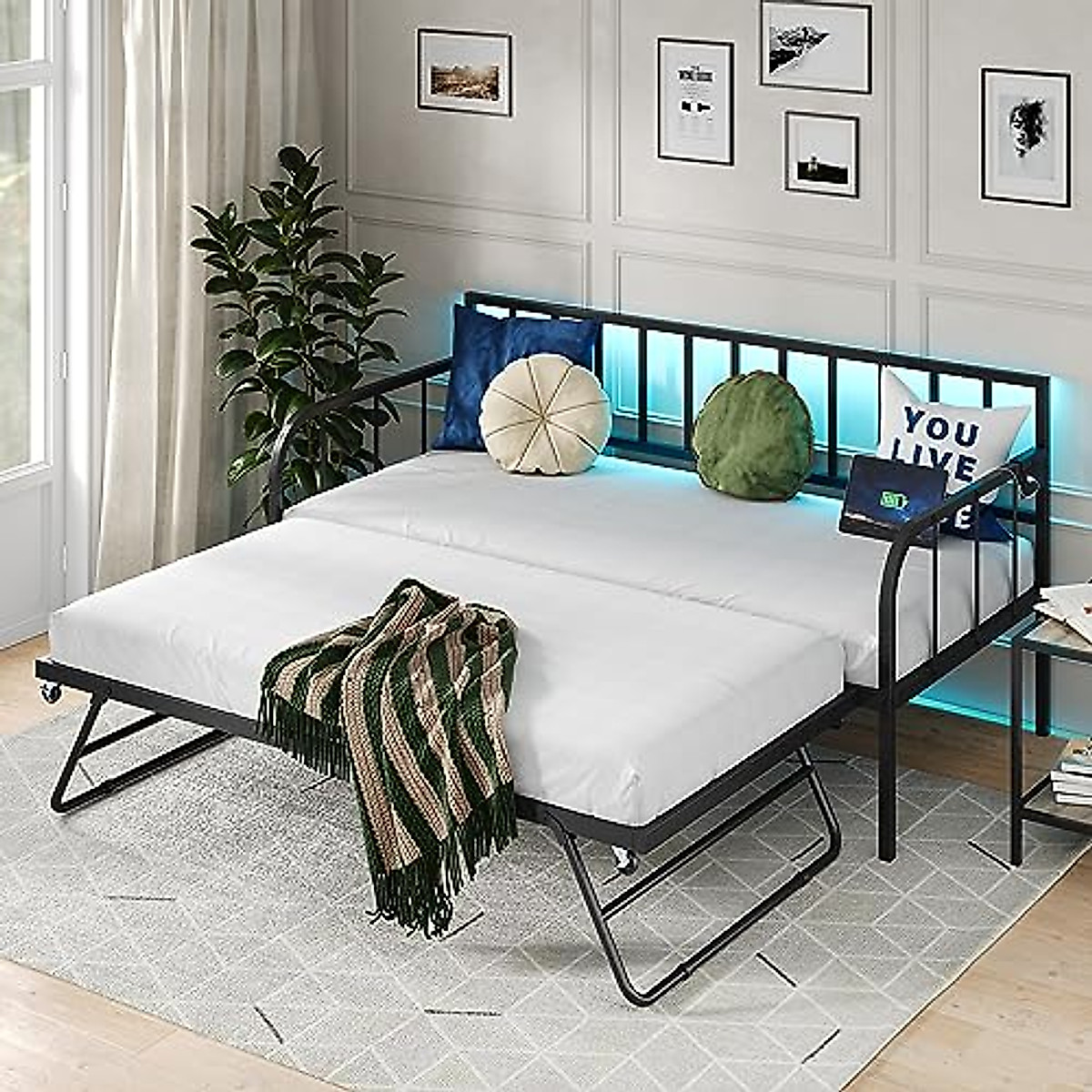 CollaredEagle Daybed with Trundle, Adjustable Sofa Bed Frame with Charging Station, Metal Twin Daybed with LED Lights for Living Room, Bedroom and Guest Room, Black