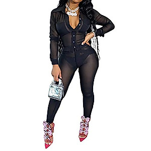Uni Clau Women Sexy See Through Two Piece Outfits Set Long Sleeve Blouse Sheer Mesh Skinny Pants Club Jumpsuit Black XL