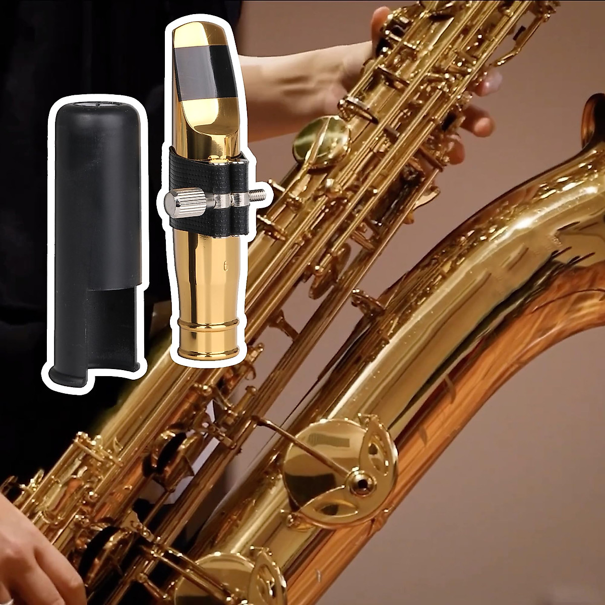 Yibuy Golden B-flat Tenor Saxophone Mouthpiece Gold 6# PU Leather Cap 10.6x3.5cm