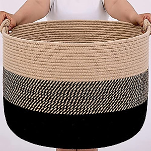 KAKAMAY Large Blanket Basket (20"x13"),Woven Rope Baskets for storage Baby Laundry Hamper, Cotton Rope Blanket Basket for Living Room , Laundry, Nursery, Pillows,Baby Toy chest (Jute/Black)