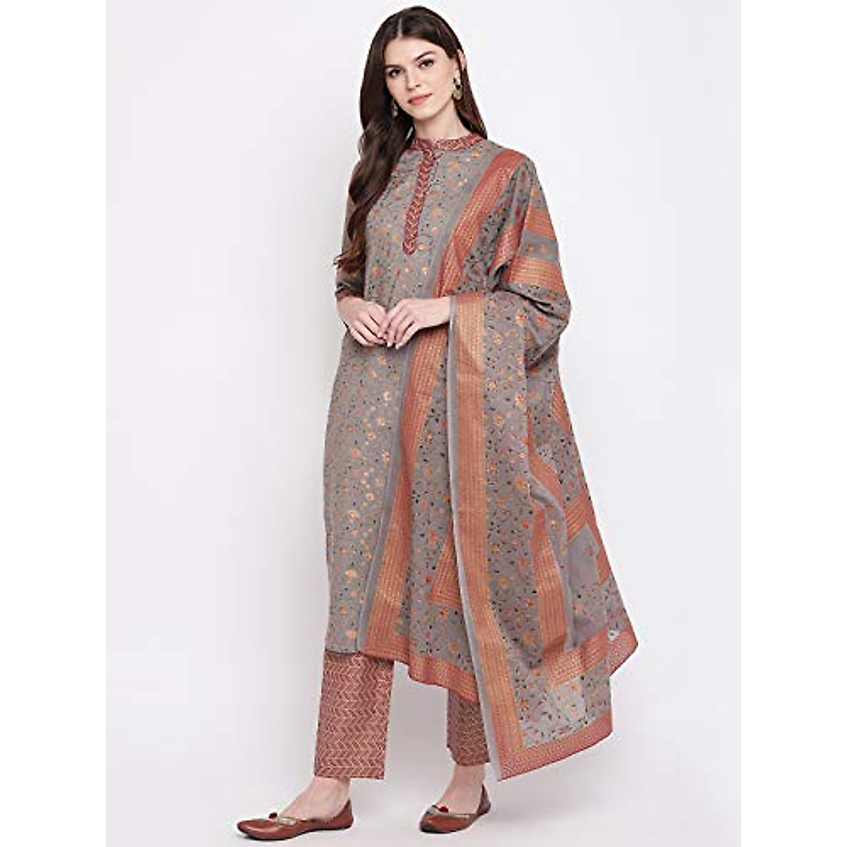 Indian Cotton Tunic Tops Kurti Set for Women with Palazzo 694 (Grey&Brown, 38)