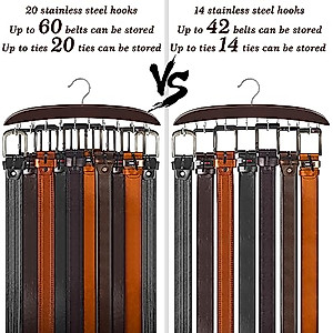 Belt Hanger Organizer, Upgraded Tie and Belt Organizer, 20 Hooks Wooden Belt Rack for Storage, 360°Rotating Space Save Belts Organizer for Tie, Tank Top, Scarf, Stored Up to 60 Belts-Red