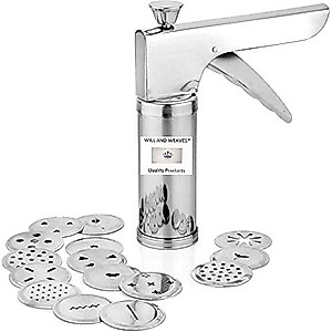 Will and Weaves Stainless Steel Kitchen Press with 15 Different Types of Jalies, Makhani Murruku Maker/Bhujiya Maker/Noodles/Cookies/chakli/Namkeen/Murukku/Sev Maker