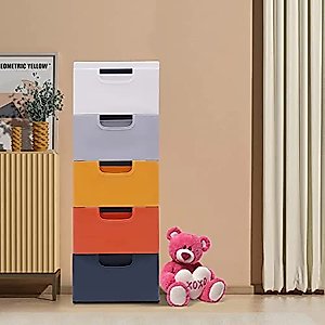 DYRABREST Plastic Drawers Dresser, 5 Drawers Stackable Vertical Clothes Storage Tower, Storage Cabinet with Wheels, Dresser Organizer Cabinet for Clothes, Bedroom Furniture(Morandi Color,30×40×84cm)