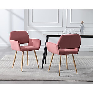 KCC Small Modern Dining Room Arm Chairs 1 Piece, Mid-Century Upholstered Velvet Side Seat Club Guest with Metal Tube Legs for Kitchen, Living Room, Rose