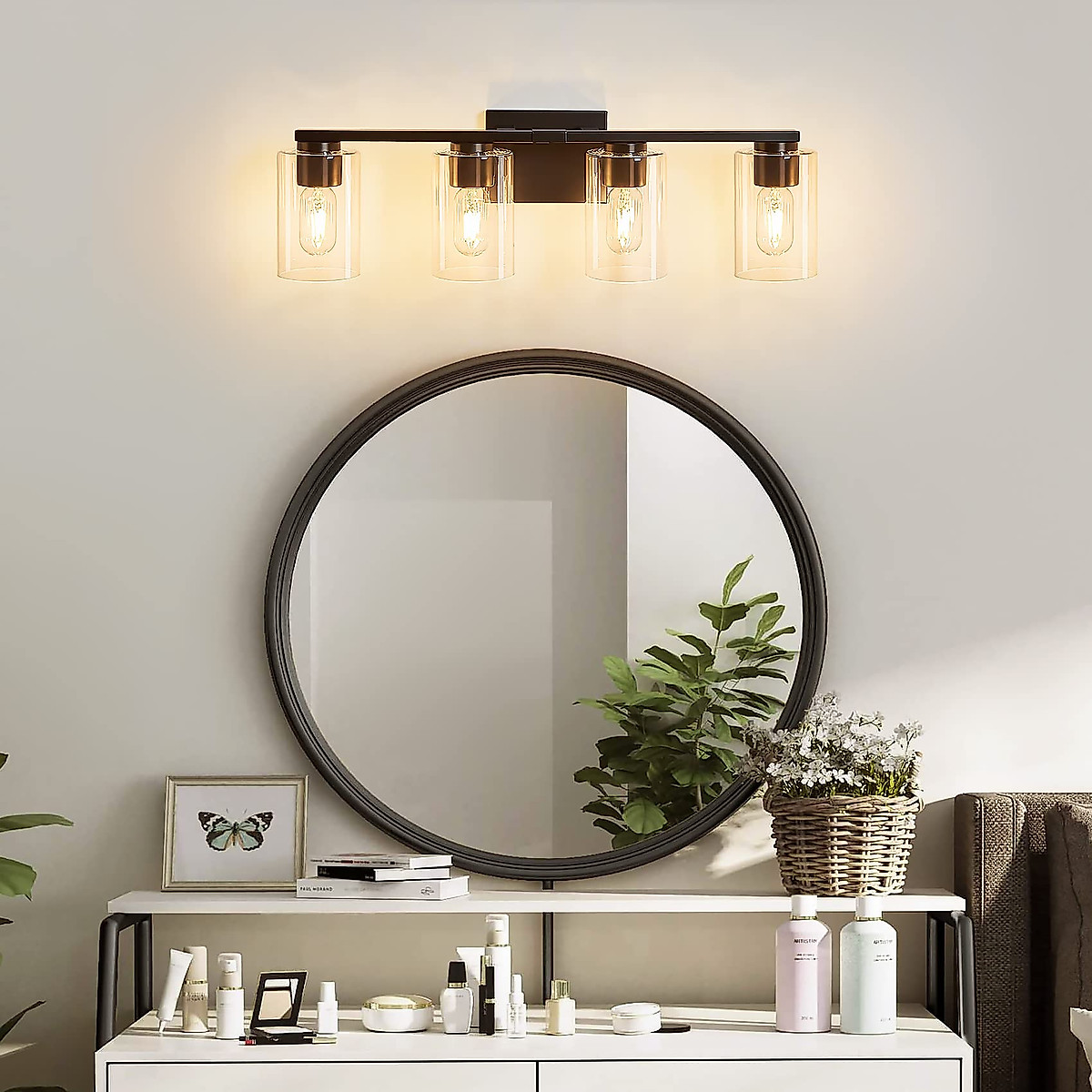 WILON 4 Light Bathroom Light Fixtures, Bathroom Vanity Light with Glass Shade, Bathroom Lights Over Mirror Wall Sconces Lighting for Bathroom Farmhouse Bathroom Light Fixtures, Matte Black Wall Light