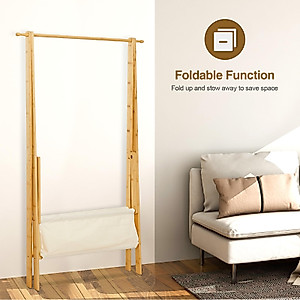 Cozivolife Bamboo Clothes Rack with Storage Box, Garment Rack Clothing Racks for Hanging Clothes, Foldable Wardrobe Storage Rack for Entryway and Bed Room (Natural)