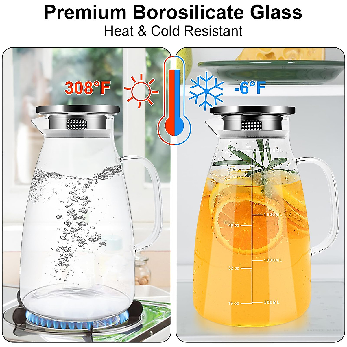 Glass Pitcher with Lid and Handle,68 OZ Glass Water Jug with Spout for Cold&Hot Drinks - Heat Resistant Borosilicate Crystal Clear Glass Carafe for Sangria, Coffee, Brewed Tea, Juice, and Beverage