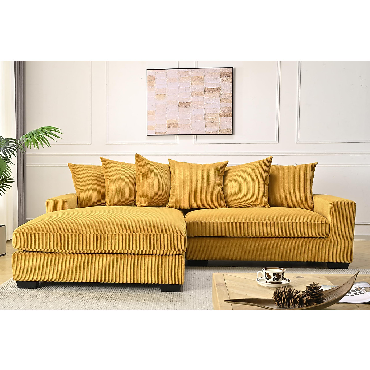 Container Furniture Direct Luxe Oversized Two-Piece Sectional Couches for Living Room, 102.4-Inch L Shaped Sofa with Chaise, Upholstered with Corduroy Fabric, Ginger Yellow -Left Facing