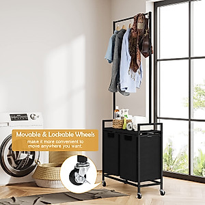 Laundry Hamper with Shelf Grey Laundry Sorter with Wheels 2 Section Laundry Hamper Cart with Hanging Rack 6 Hooks for Laundry Room Bathroom Bedroom, Rustic Grey