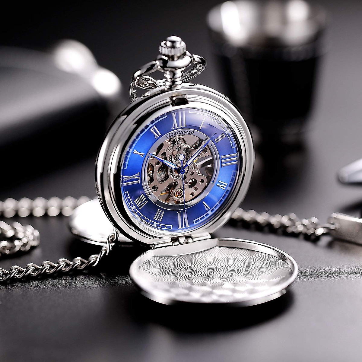 TREEWETO Pocket Watch - Smooth Double Case Series Skeleton Dial Delicate Mechanical Movement with Chain, Silver