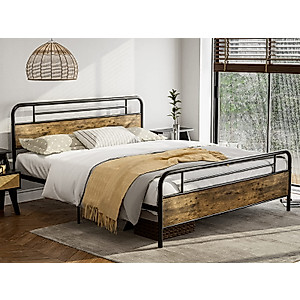 IKIFLY California King Bed Frames with Wood Headboard Footboard, Farmhouse Metal Cal King Platform Bed, Heavy Duty Steel Slats, 12" Under Bed Storage, Noise Free, No Box Spring Needed - Rustic Brown