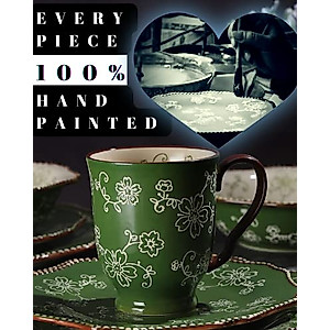 KUNABOO Artisanal Ceramic Mugs, Ceramic Coffee Cups, Coffee Mug Set of 2-11 oz -Sakura Floral Series Pine Green - Ready to Wrap Gift