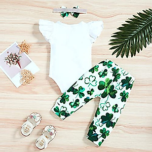 Baby girl 1st St. Patricks Day Outfits Lucky Charm Romper+Clover Pants+Headband 3Pcs Outfits Set (White, 3-6 Months)