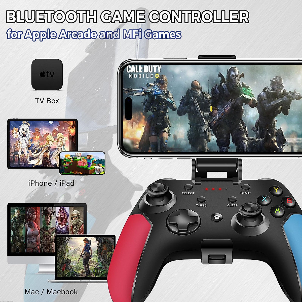 Bluetooth Mobile Game Controller for Android, iPhone, Tablet, TV Box, PC, Tesla, PS3, Switch, Apple Arcade MFi & Cloud Gaming, with Phone Clip/2.4G Wireless/USB-C Adapter/6-Axis Gyro/Vibration/Turbo