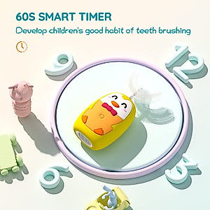 mornwell Kids Toothbrush Electric, Auto Toothbrush for Kid New Model Ultrasonic Kids Electric Toothbrush, U Type Whitening Massage Toothbrush, IPX7 Waterproof Smart Rechargeable Toothbrush (Yellow)