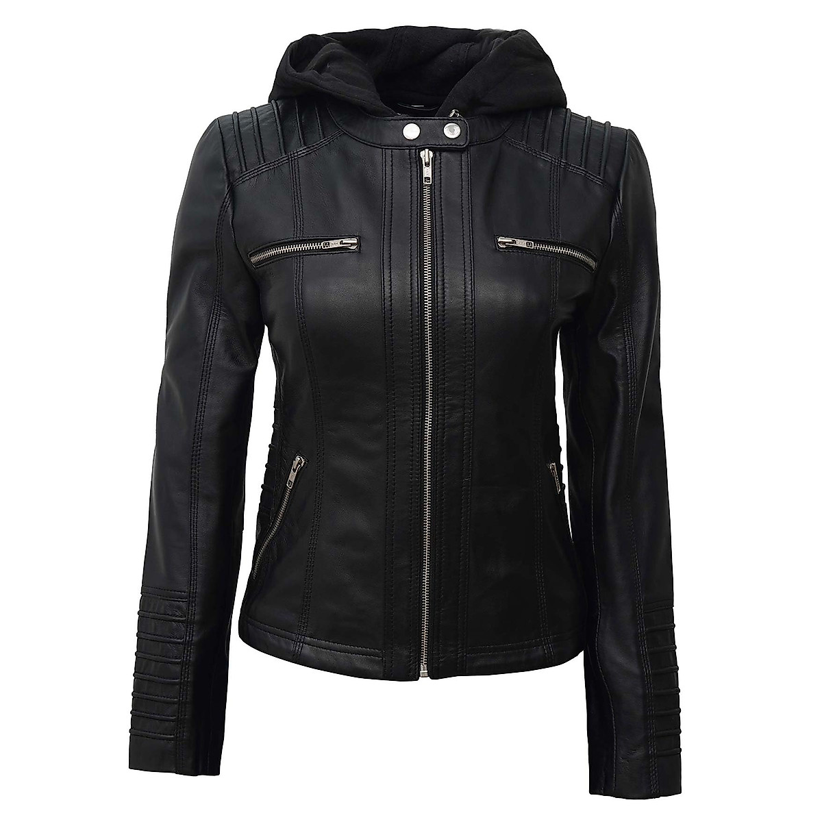 Blingsoul Hooded Womens Leather Jackets | [1313775] Helen Black, XL