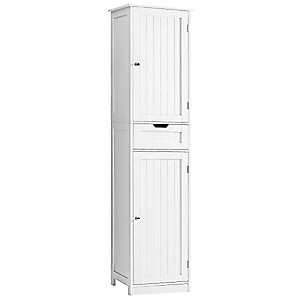Iwell Tall Linen Tower Cabinet, Freestanding Bathroom Cabinet with 2 Doors 6 Tier Shelves & Drawer, Narrow Floor Storage Cabinet for Living Room, White