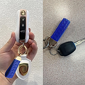 NTNEV Genuine Leather Car Keychain, Universal Car Key FOB Keychain, handmade knitted car key chain, 360 Degree Rotating with Anti-Lost D-Ring, 2 Key Rings and 1 Screwdriver, Unisex-Blue