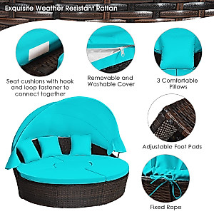 Tangkula Patio Round Daybed with Retractable Canopy, Outdoor Wicker Rattan Furniture Sets, Sectional Cushioned Sofa Set w/Height Adjustable Coffee Table, Rattan Conversation Sets (Turquoise)