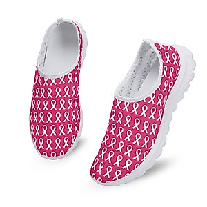Poetesant Breast Cancer Awareness Water Shoes Women Pink Ribbon Flat Mesh Shoes Ribbons Slip On Walking Shoes Casual Pink Road Running Shoes 39EU
