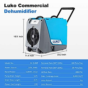 180 Pints Commercial Dehumidifiers for Basement, with Pump Drain Hose for Warehouse&Job Sites, Large Capacity Rotational Molded Portable Crawl Space Dehumidifier for Efficient Water Damage Restoration