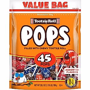 Tootsie Pops - Assorted Flavors - 45 ct bag 28.2 oz - Great Halloween Candy - Cherry, Orange, Strawberry, Grape, and Chocolate Flavors