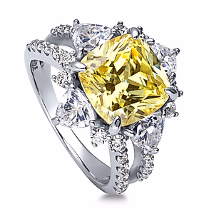 BERRICLE Sterling Silver Halo Canary Yellow Cushion Cut Cubic Zirconia CZ Statement Flower Cocktail Fashion Split Shank Ring for Women, Rhodium Plated Size 7
