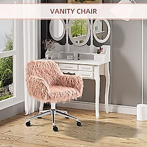 Vinsetto Faux Fur Desk Chair, Swivel Vanity Chair with Adjustable Height and Wheels for Office, Bedroom, Pink