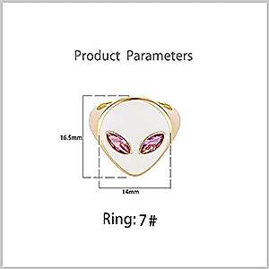 CZ Alien Head Statement Ring for Women 18K Gold Plated White Enameled Pink Crystal Eye Chunky Wide Band Finger Rings Comfort Fit Fashion Unique Cute Jewelry Gifts for Friend Size 8