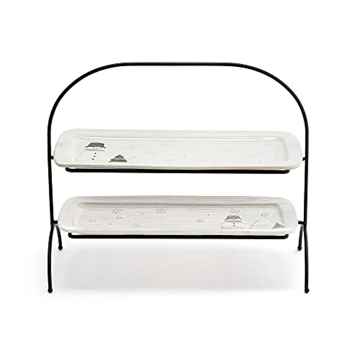 DEMDACO Snow Day Classic White and Black Stoneware and Iron 2-Tier Christmas Serving Tray