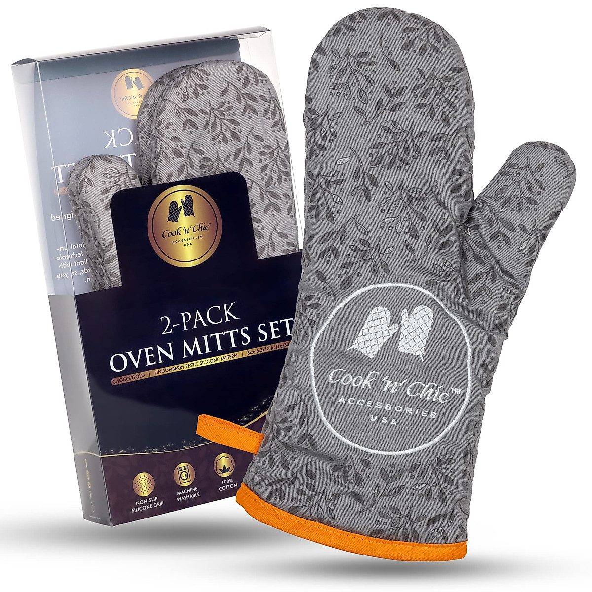 Premium Oven Mitts and Essential Chef's Apron - 500°F Heat Resistant - 30"x34" for Kitchen Cooking Baking - Flexible Soft Terry Cloth Cotton Lining