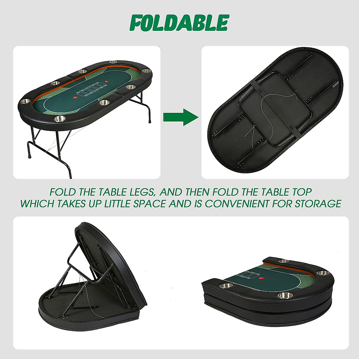 Vilobos Poker Table Foldable, 8 Players Texas Holdem Poker Table, Casino Folding Table for Blackjack Board Game -Green