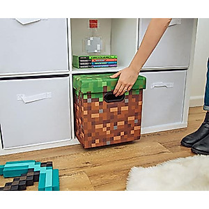 Minecraft Grassy Block 13-Inch Storage Bin Chest With Lid | Foldable Fabric Basket Container, Cube Organizer With Handles, Cubby For Shelves, Closet | Home Decor Essentials, Video Game Gifts
