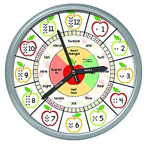 Educational Wall Clock - Silent Movement Time Teaching Clock for Teacher's Classrooms and Kid's Bedrooms (Silver/Multicolor Apple)