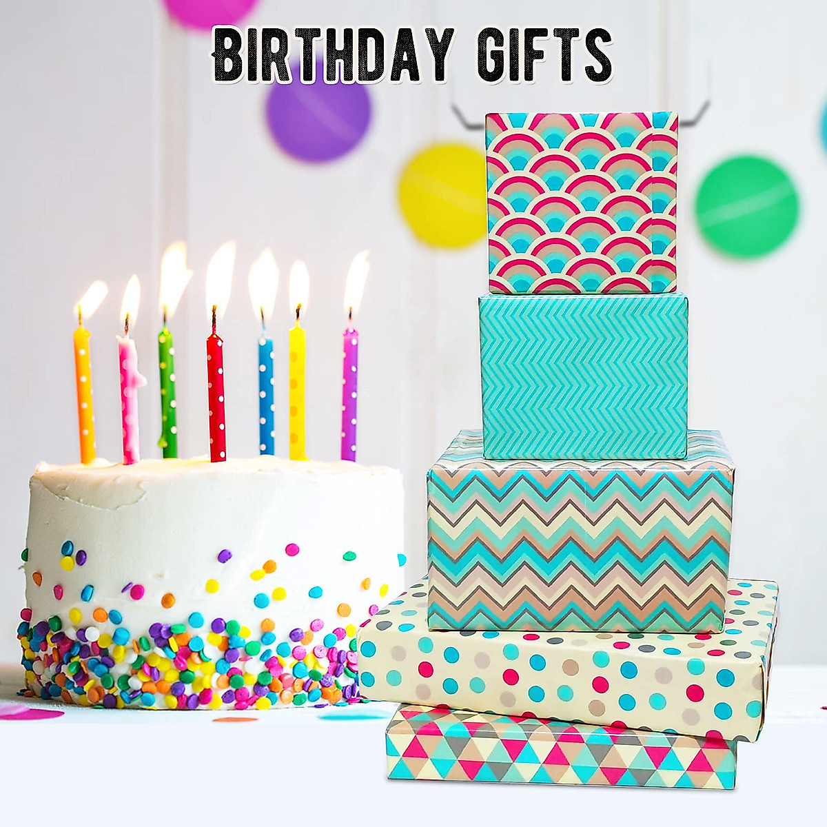 Wrapping Paper Sheets - Birthday Wrapping Paper Set Included 6 Pack Gift Wrap Papers and Gift Sticker & Ribbon for Present - Eco Gift Wrapping Paper Birthday for Women, Men, Female, Girls, Boys, Male,