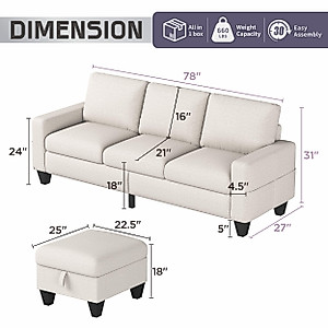 Yattem Convertible Sectional Sofa Couch：Modern L-Shaped Sofa Couches with Reversible Storage Ottoman & Side Storage Pockets - 3-Seat Beige Linen Sofa Couch for Living Room/Apartment/Studio/Small Space