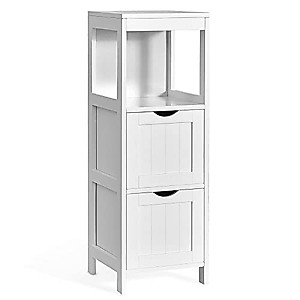 MAXCBD Nightstand Bedside Table Drawer Cabinet Bathroom Floor Cabinet Side Wooden Storage Organizer W/Removable Drawers White Bathroom Floor Cabinet Storage Tower Dresser