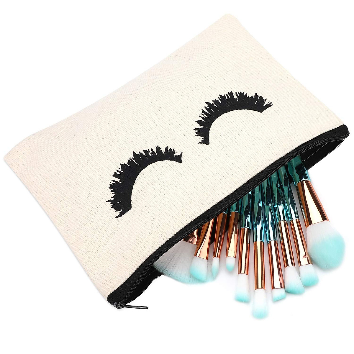 PHOGARY 6PCS Canvas Makeup Pouch, Cosmetic Bag Bulk Travel Make Up Pouch Toiletry Case with Zippered Pocket for Women (Eyelash Pattern) Cream