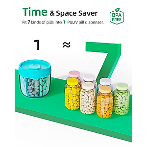 PULIV Portable Pill Dispenser Bottle, Vitamin Organizer with 7 Compartments, Holds Plenty of Supplements with Anti-Mixing & Wide Openings Design, Easy to Retrieve Meds, Includes 20 Pcs Labels Blue