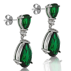 [RIZILIA CELEBOX] Teardrop Dangle Pierced 1.1" Earrings with Pear Cut CZ [Simulated Green Emerald] in White Gold Plated, Celebrity inspired by Angelina Jolie