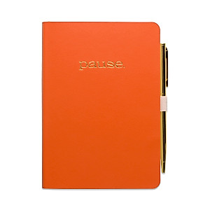 DesignWorks Ink Gratitude Journal with 196 Guided Pages for Daily Thoughts and Goals with Pen and Ribbon Marker | Undated Daily Mindfulness Journal, Orange and Gold Foil Pause