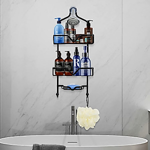 Vuskly Shower Caddy Over Shower Head, Aluminum Hanging Shower Organizer with 3 Shelf and 2 Hooks,Strong Suction Cups, Wide Space Shower Caddy for Shampoo and Soap, Black, 11x4.9X 24.8 inches