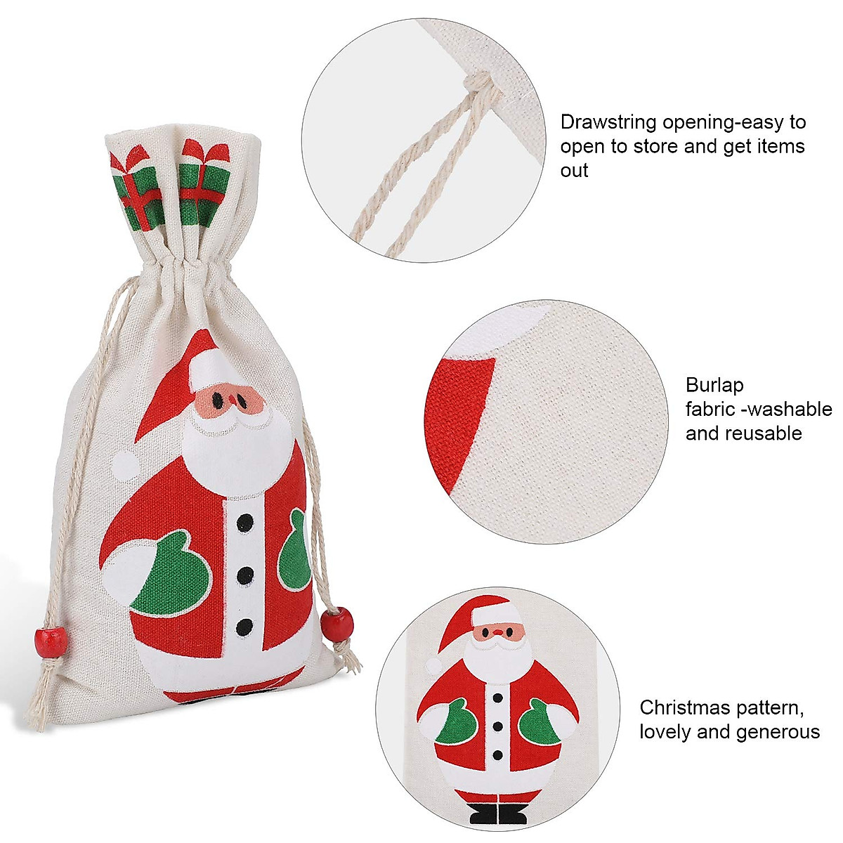10 Pieces Small Christmas Drawstring Gift Bags 5x9 Inches Burlap Gift Bags Christmas Santa Snowman Linen Candy Bag Sacks for Xmas Holiday Party Favors