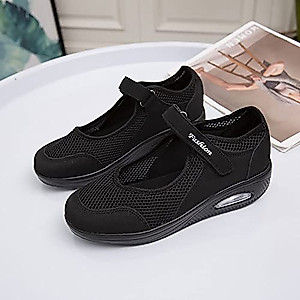 YSMIIH Womens Walking Mary Jane Wedges Sneaker Hook and Loop Comfort Nurse Shoes Casual Rockers(Black,8