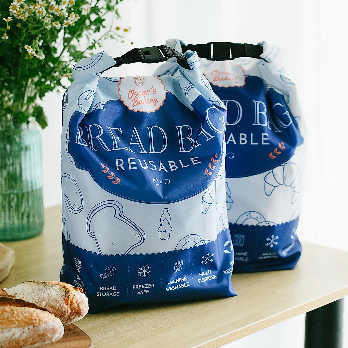 Reusable Bread Bags for Homemade Bread- Sourdough Bread Bags- Freezer Safe, BPA-Free Homemade Bread Storage Bags- Bread storage containers Double Lining & Zipper. Classic Blue- 2 Pack- Oscar's Bakery