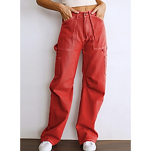 Dokotoo Red Pants Women Straight Leg Jeans for Women Trendy Baggy Y2K Holiday Party Beach Outfits for Women 2024 Womens Fashion Womens Clothes Clothing Pants