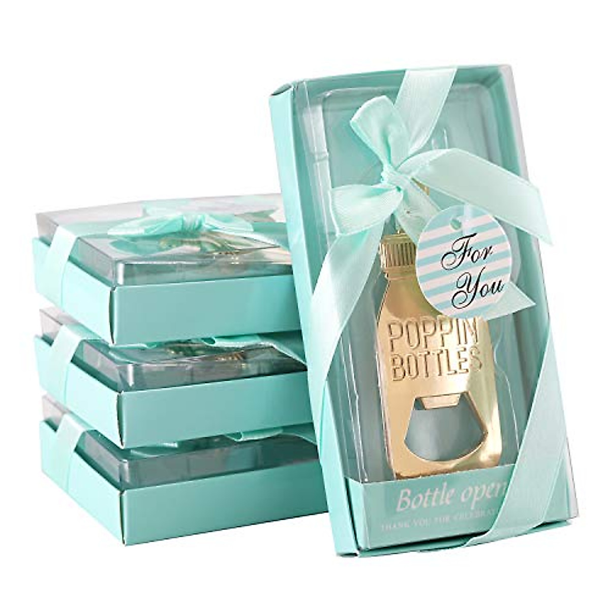 Yuokwer 16 pcs Baby Shower Return Gifts for Guest Supplies Poppin Baby Bottle Shaped Bottle Opener Favor(Blue 16pcs)