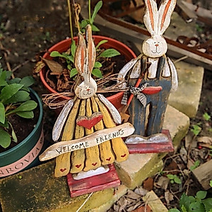 HANTURE 2pcs Easter Wood Bunny Tabletop Ornaments Farmhouse 15 Inch Cute Rabbit Couple Figuri Brownyellow